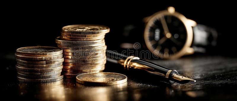 Stacks of Gold Coins with Pen and Watch in Focus Stock Image - Image of ...