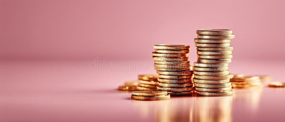 Stacks of Gold Coins on Pink Reflective Surface Stock Image - Image of ...