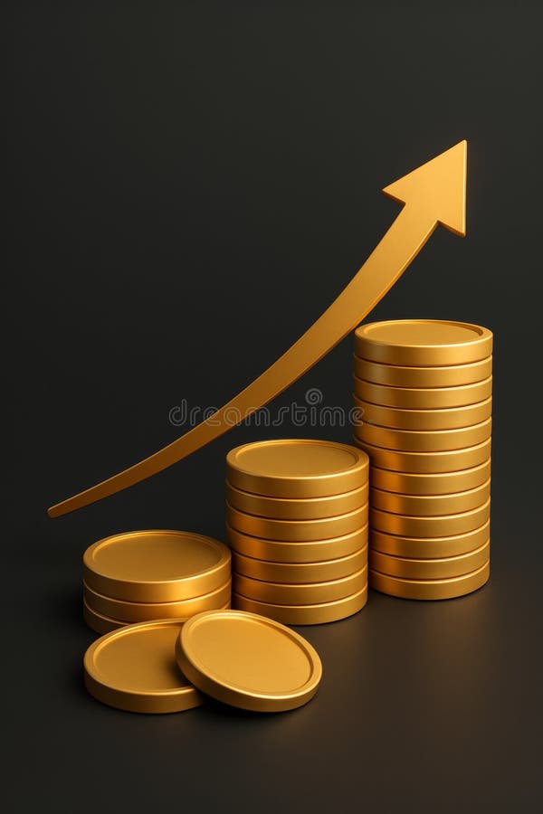 A Stack of Gold Coins with a Rising Arrow and Bar Graph. Shiny Coins ...