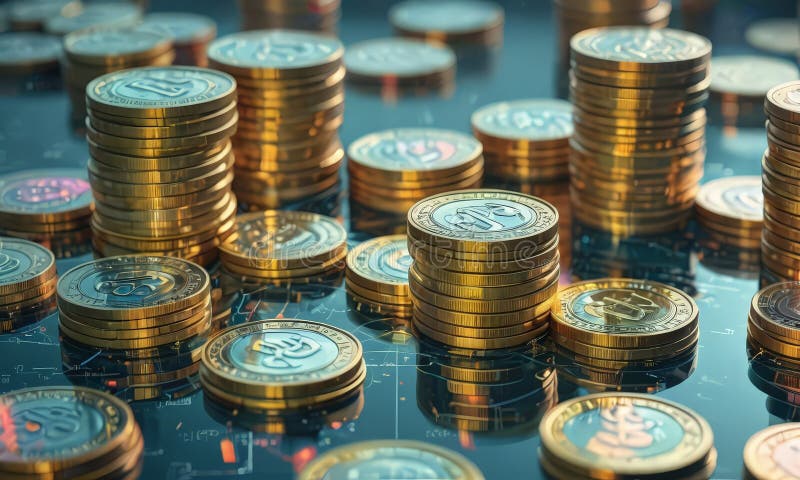 Stacks Gold Coins with Visible Bitcoin Logos are Arranged on Reflective ...