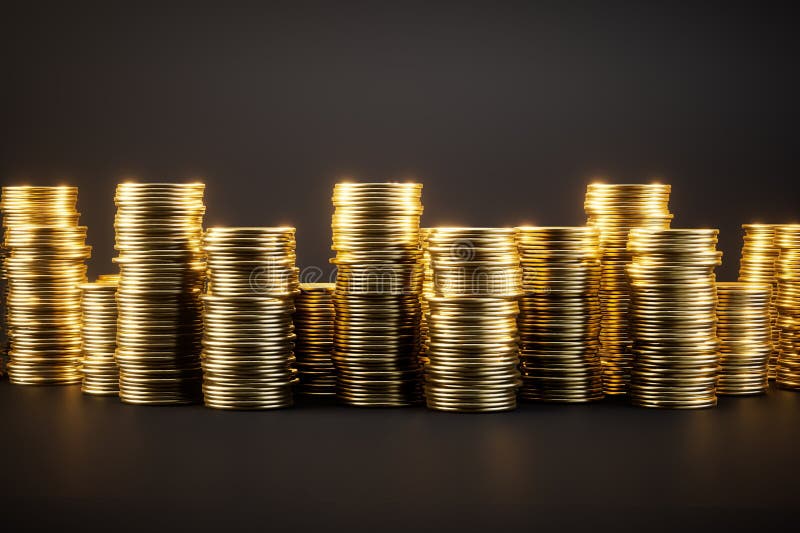 Stacks of Gold Dollar Coins on a Black Background. 3D Render Stock ...