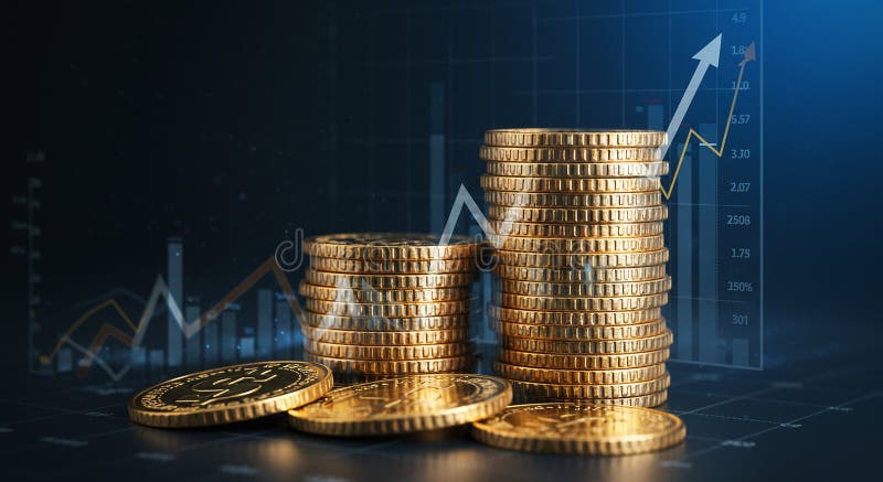 Stacks of Golden Coins Arranged on a Dark Surface, with a Digital Chart ...