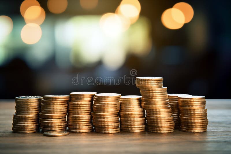 Stacks of Golden Coins in Ascending Order on a Warm, Illuminated Wooden ...
