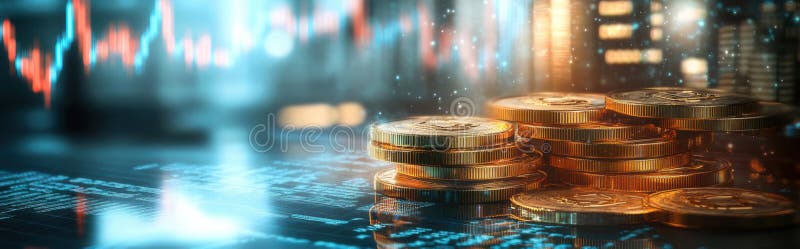 Stacks of Golden Coins on a Digital Trading Screen with Fluctuating ...