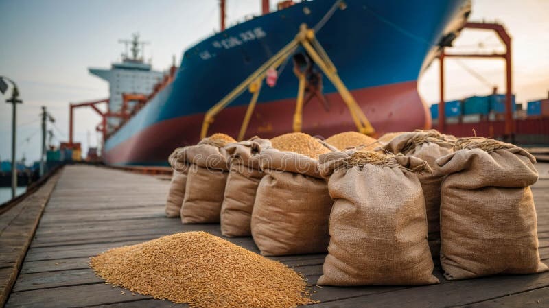 Stacks of Grain Sacks and a Pile of Wheat in Front of a Large Container ...