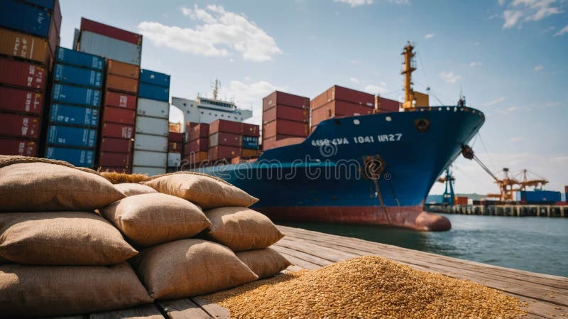 Stacks of Grain Sacks and a Pile of Wheat in Front of a Large Container ...