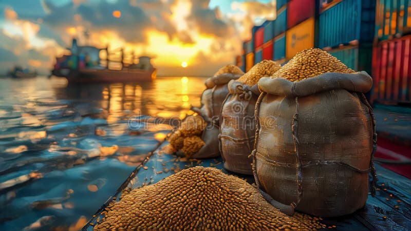 Stacks of Grain Sacks and a Pile of Wheat in Front of a Large Container ...
