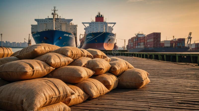 Stacks of Grain Sacks and a Pile of Wheat in Front of a Large Container ...
