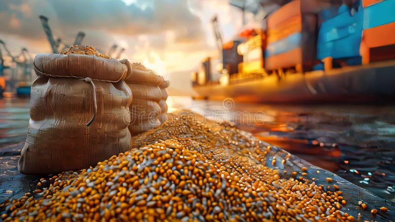 Stacks of Grain Sacks and a Pile of Wheat in Front of a Large Container ...