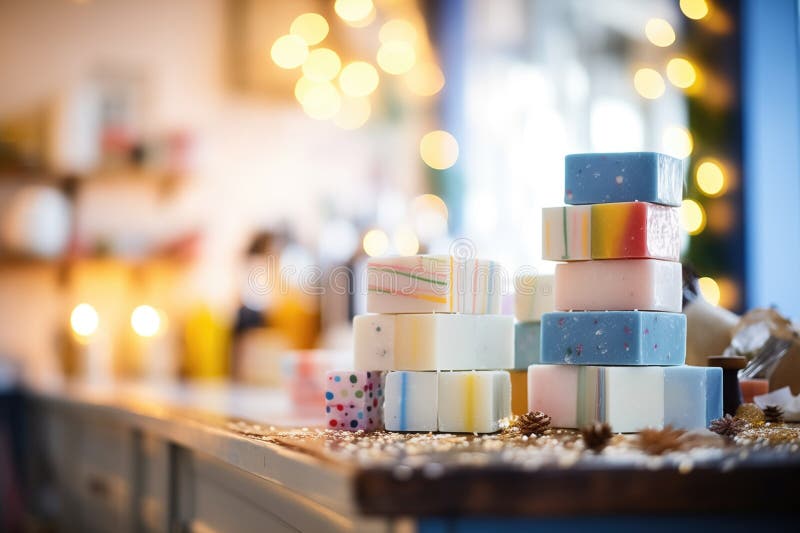 Stacks of Handmade Soap Lit by Fairy Lights on a Table Stock Photo ...