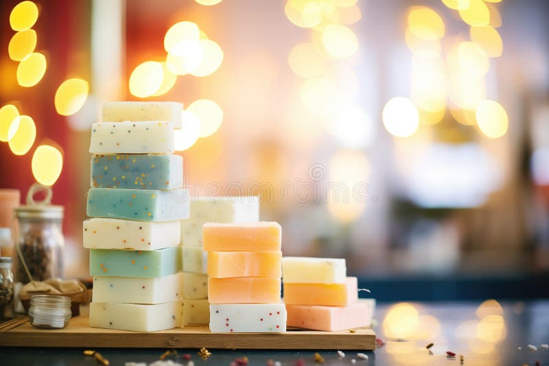 Stacks of Handmade Soap Lit by Fairy Lights on a Table Stock Image ...