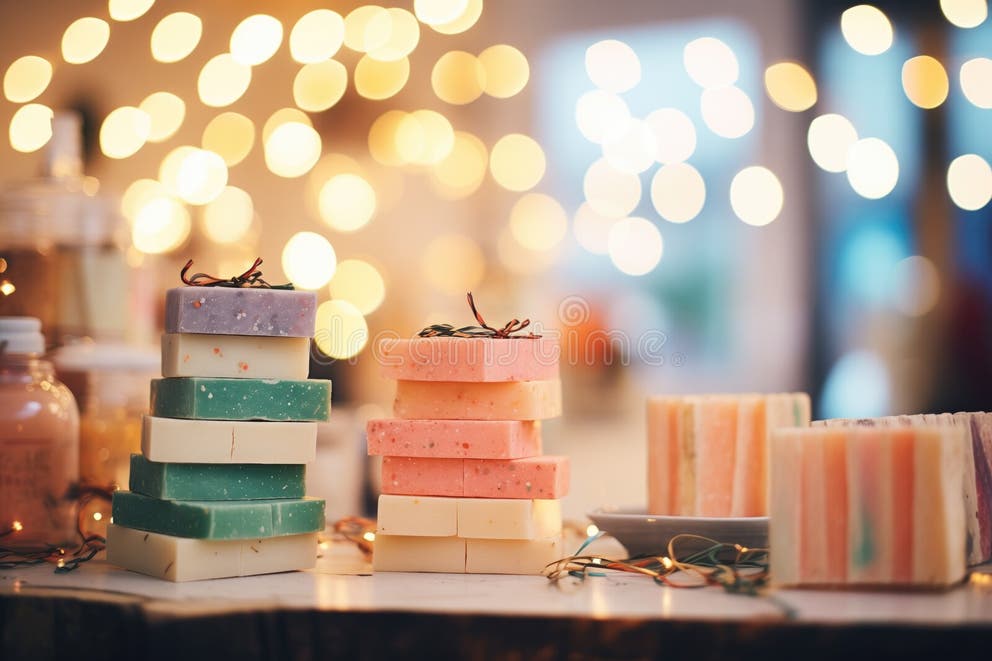 Stacks of Handmade Soap Lit by Fairy Lights on a Table Stock Image ...