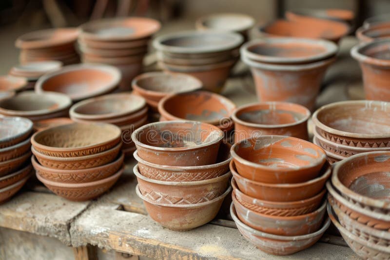 Stacks of Handmade Terracotta Pots with Decorative Patterns in a ...