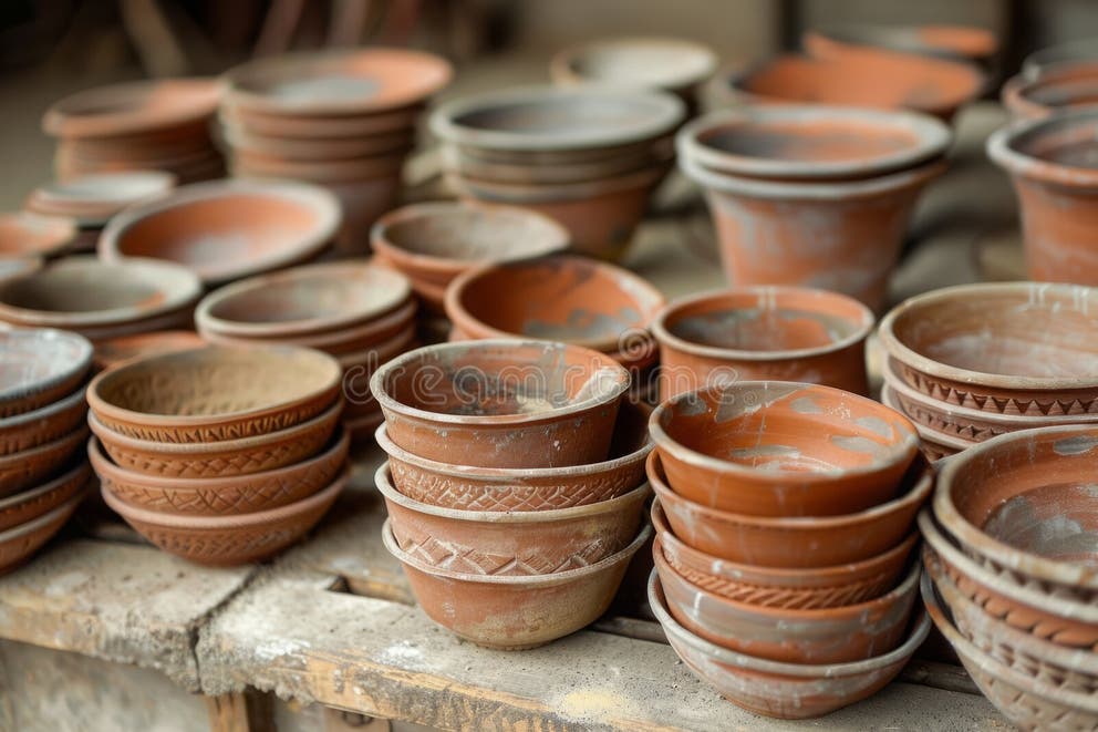 Stacks of Handmade Terracotta Pots with Decorative Patterns in a ...