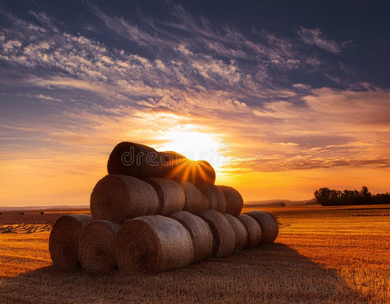 Stacks of Hay Bales Under a Dramatic Sunset, Creating a Striking Rustic ...