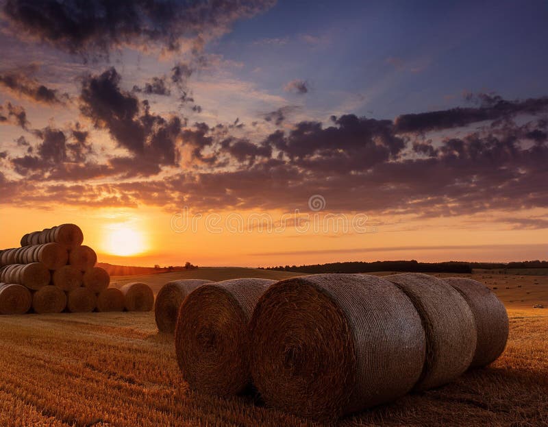 Stacks of Hay Bales Under a Dramatic Sunset, Creating a Striking Rustic ...