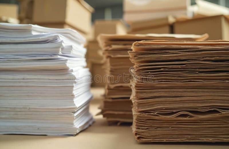 Stacks of Kraft Brown, White Paper Sheets. Paper Piles with Visible ...