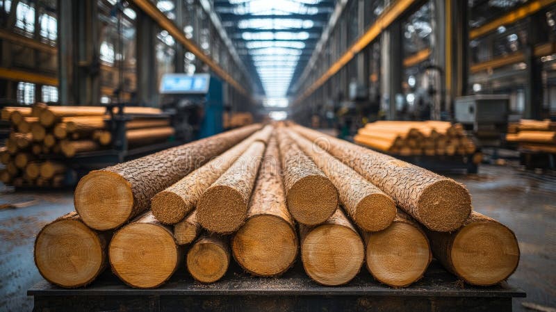 Stacks of Logs in Industrial Warehouse, Perspective View Stock Photo ...