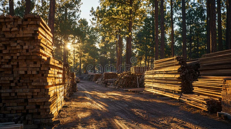 Stacks of Lumber in a Forest Setting with the Sun Shining through the ...