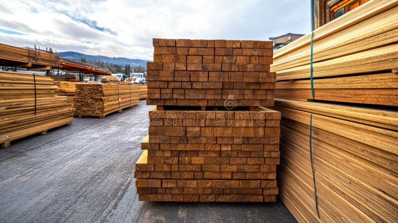 Stacks of Lumber at Outdoor Timber Yard on Cloudy Day with Mountains in ...