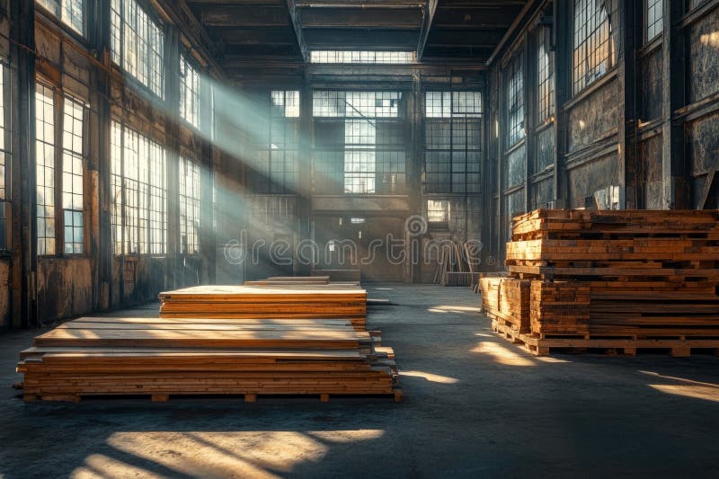 Stacks of Lumber Planks Sit Inside an Empty, Dusty Warehouse with ...