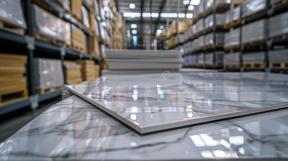 Stacks of Marble Tiles in a Warehouse, Rows of Shelves in Background ...