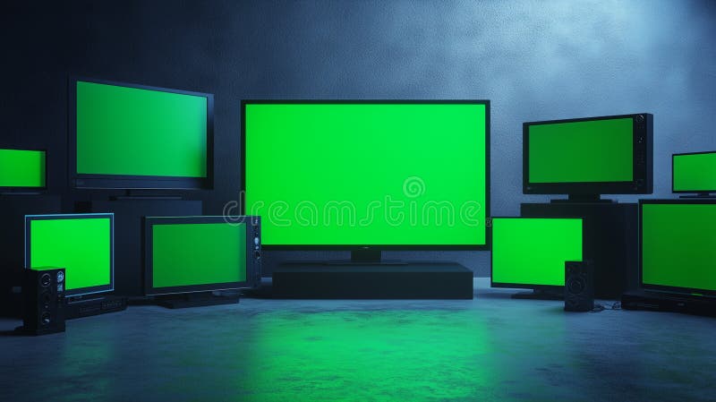 Stacks of Modern Flat Televisions with Green Screen, Various Size of ...