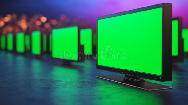 Stacks of Modern Flat Televisions with Green Screen, Various Size of ...