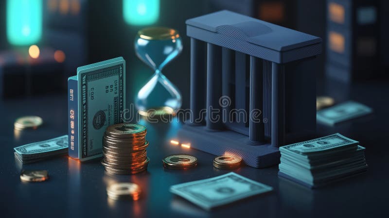 Stacks of Money, Coins, and Bank Model Create Financial Scene Stock ...