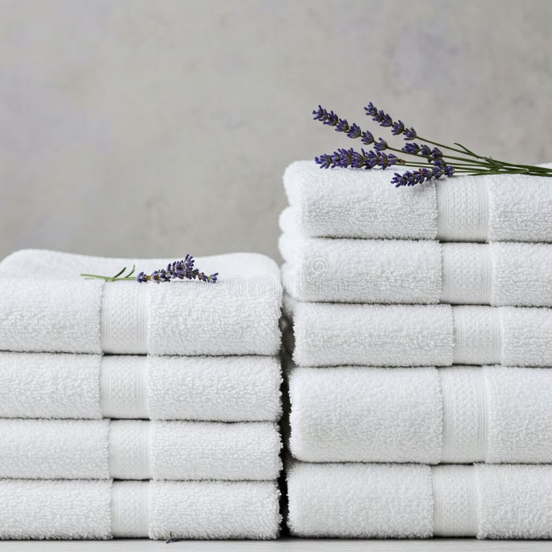 Stacks of Neatly Folded White Towels are Arranged Side by Side. Each ...