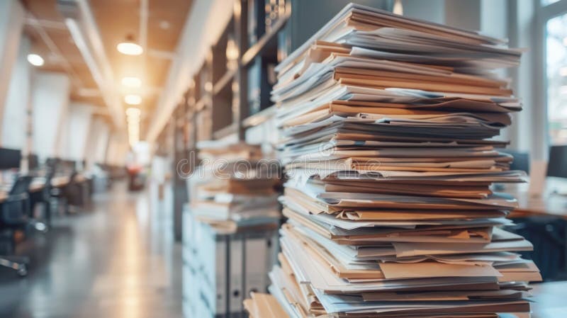 Stacks of Office Files and Documents in Modern Workspace Corridor Stock ...