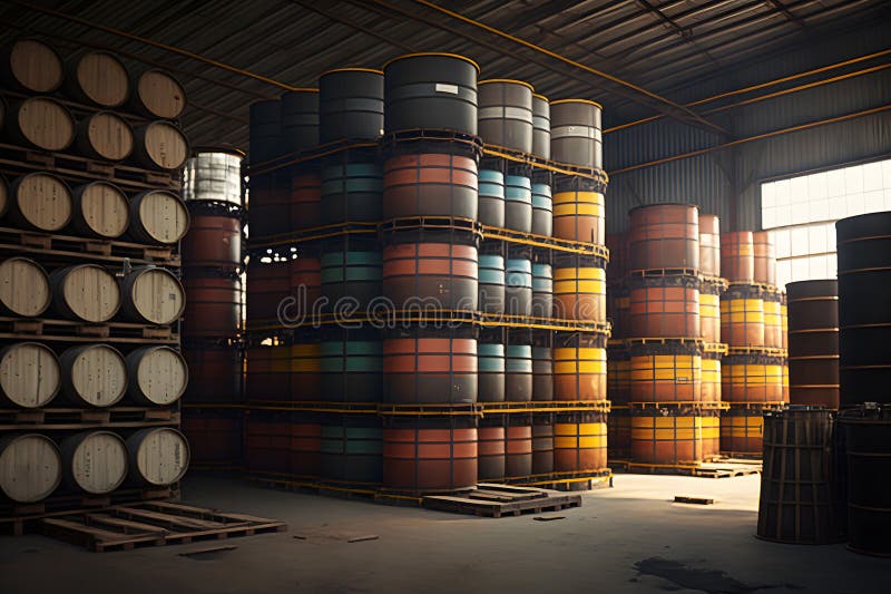 Stacks of Oil Barrels in Oil Refinery Warehouse. Neural Network ...