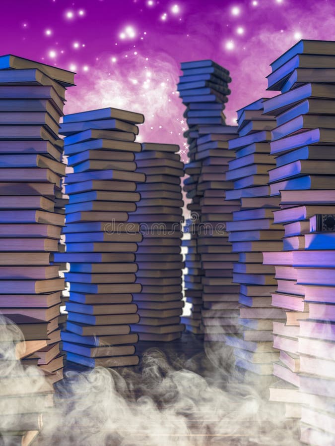 Stacks of Old Books, Smoke and Magic Sparkles Stock Illustration ...