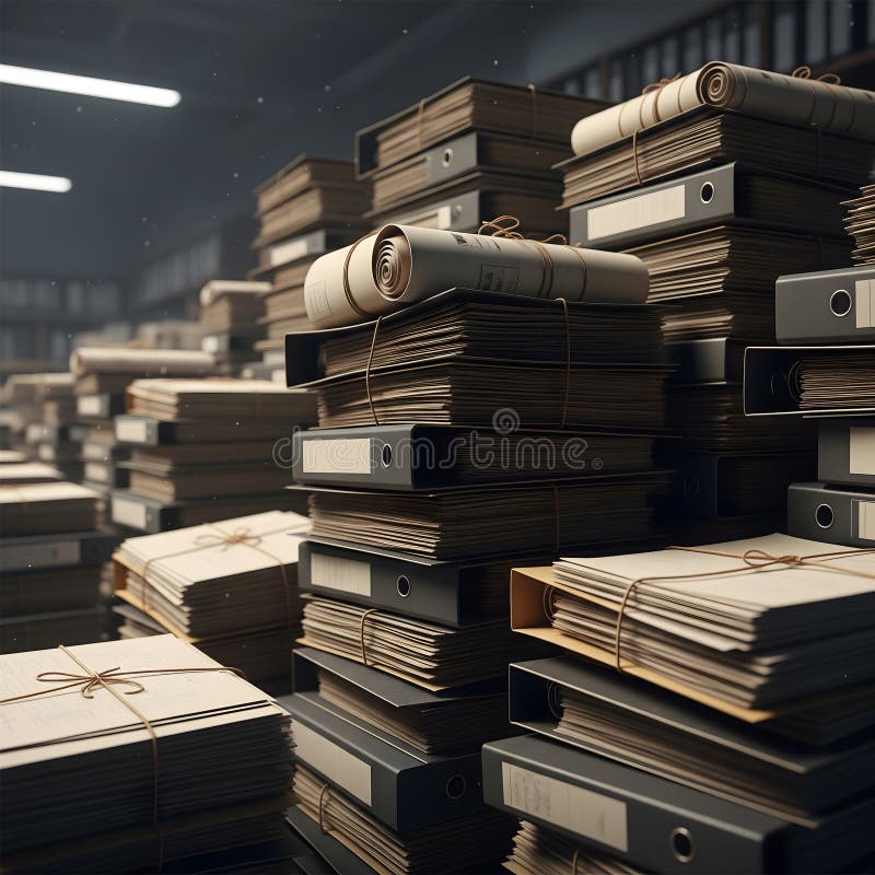 Stacks of Old Documents, Files, and Binders in a Dimly Lit Archive or ...