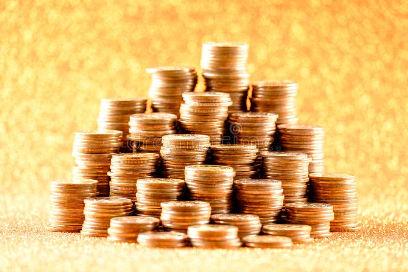 Stacks of old golden coins stock photo. Image of business - 89841654