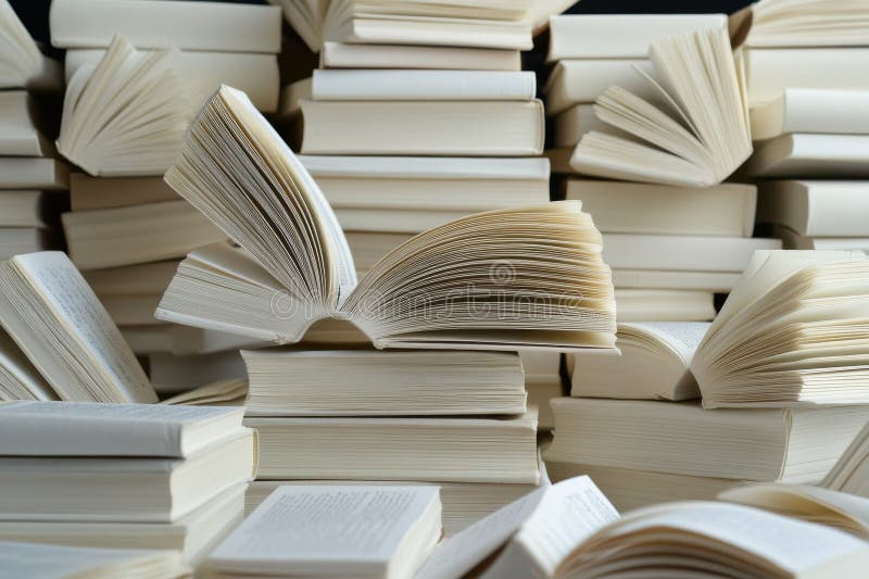 Stacks of Open and Closed Books Arranged Creatively on a Table in a ...