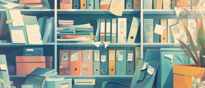 Stacks of Paper Documents in Cardboard Boxes on the Shelves. Windows ...