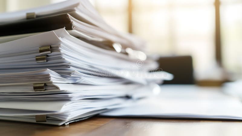 Stacks of Paperwork with Binder Clips on a Desk, Indicating a Busy ...