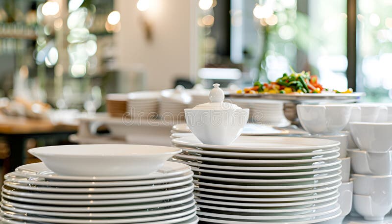 Stacks of Plates and Serving Dishes Ready for a Restaurant or Cafe ...