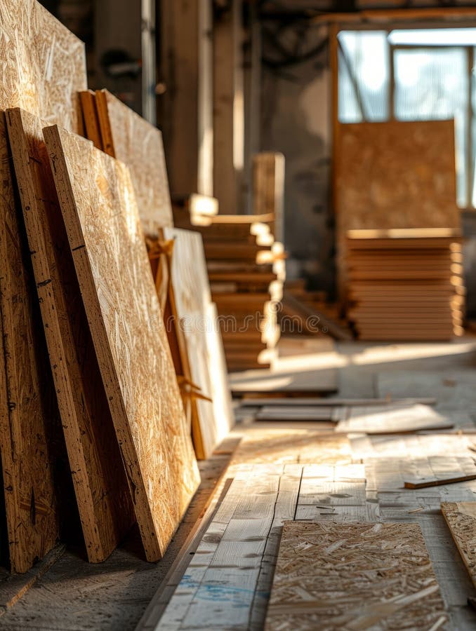 Stacks of Plywood Sheets in a Sunlit Workshop. Stock Image - Image of ...