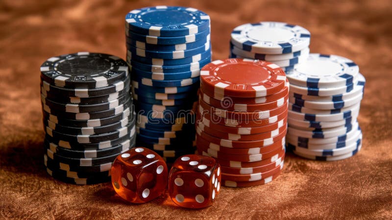 Stacks of Poker Chips and Dice on a Brown Table Stock Photo - Image of ...
