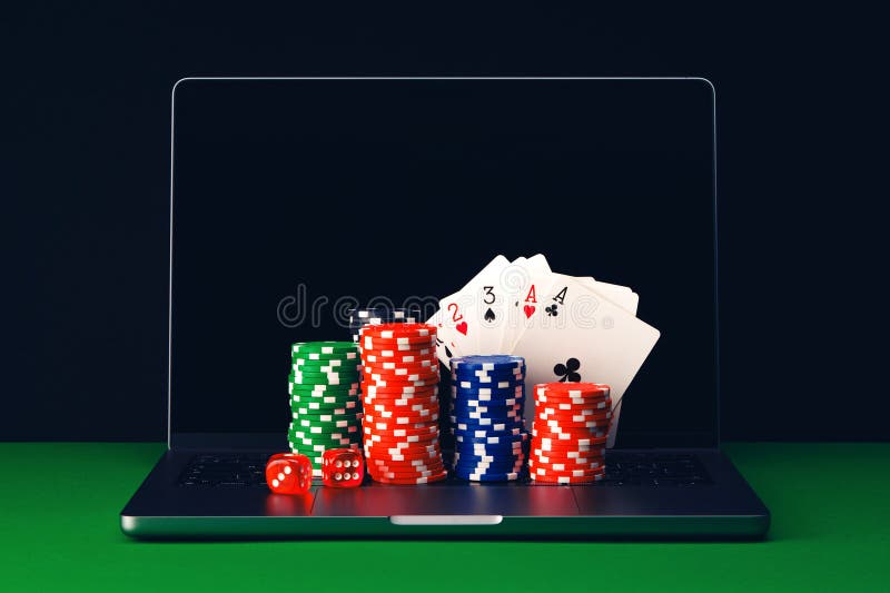 Stacks of Poker Chips and Playing Cards on a Laptop Computer. Stock ...