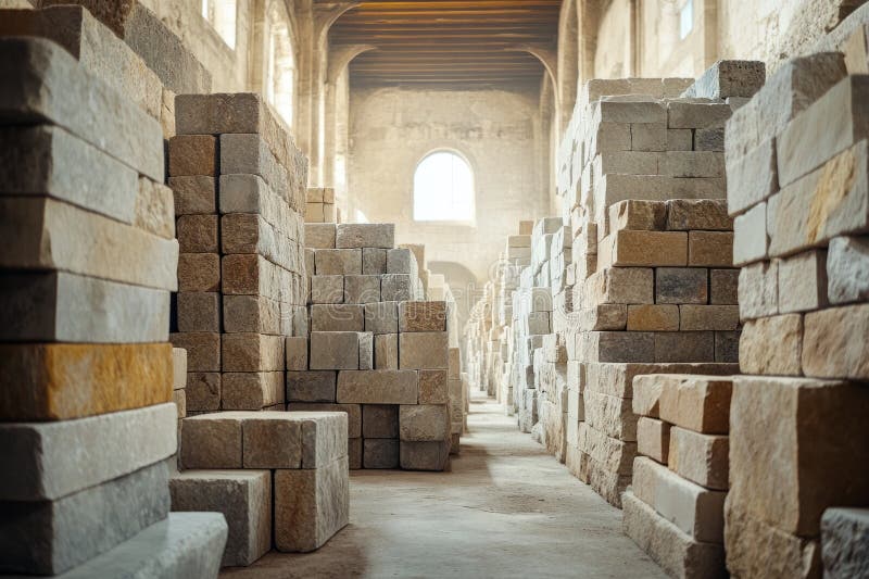 Stacks of Rectangular and Square Stone Blocks Fill a Warehouse, Forming ...