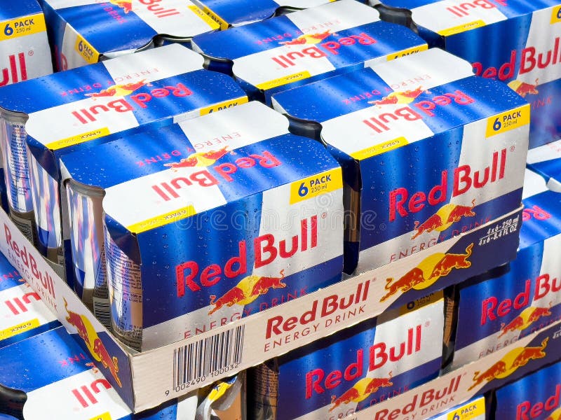 Stacks of Red Bull Energy Drink Cans in 6-pack Packaging Display ...