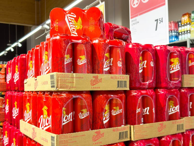 Stacks of Red Cans of Union Lager Beer in Supermarket Display Editorial ...