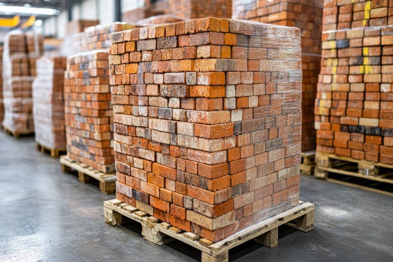 Stacks of Red Clay Bricks Wrapped in Plastic Sit on Wooden Pallets in a ...