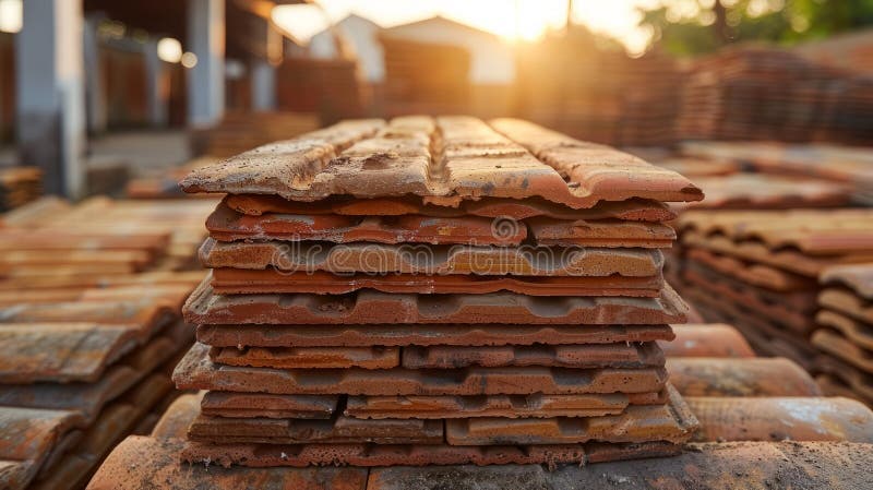 Stacks of Roof Tiles in a Construction Site at Sunrise. Stock Photo ...