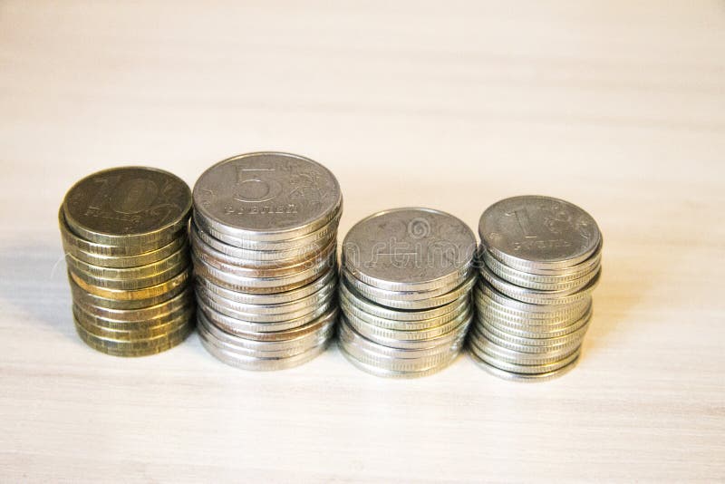 Stacks of Russian Coins Laying on the White Background Stock Photo ...