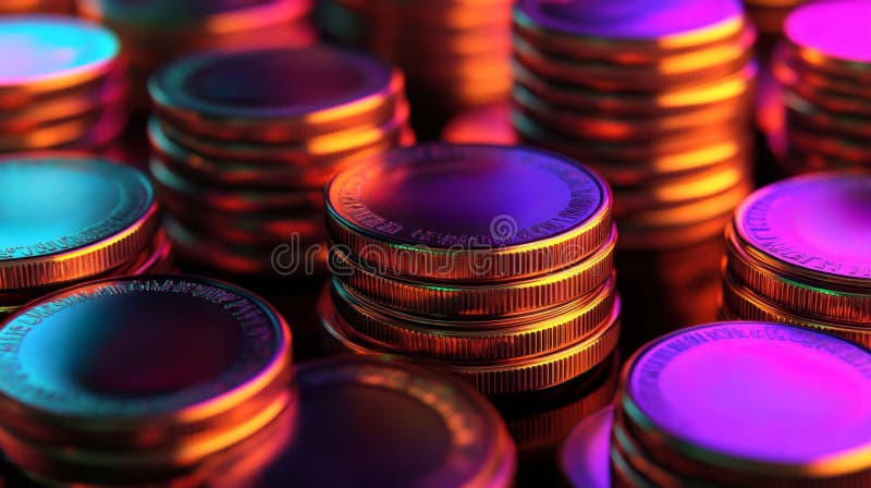 Stacks of Shiny Coins in Colorful Lighting Stock Illustration ...