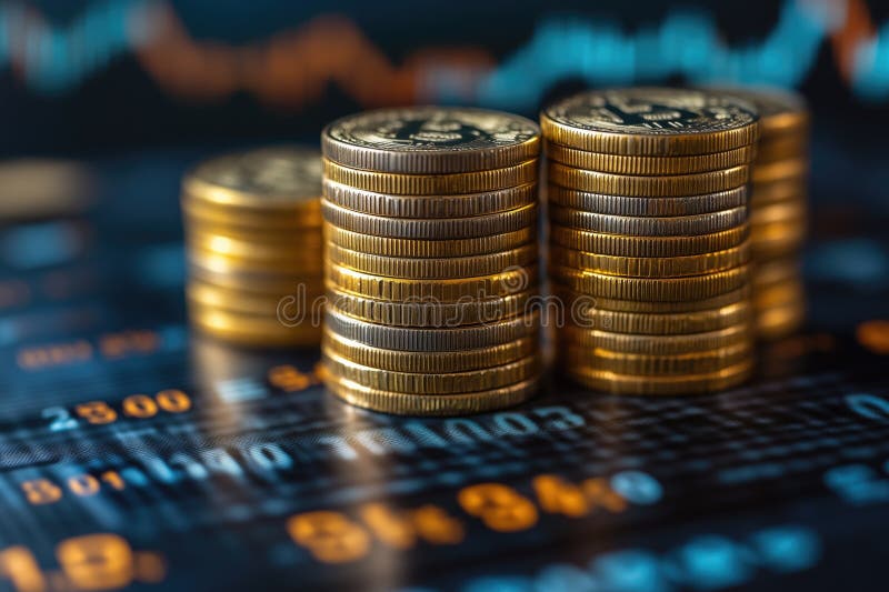 Stacks of Shiny Gold Coins on Digital Financial Chart Background Stock ...